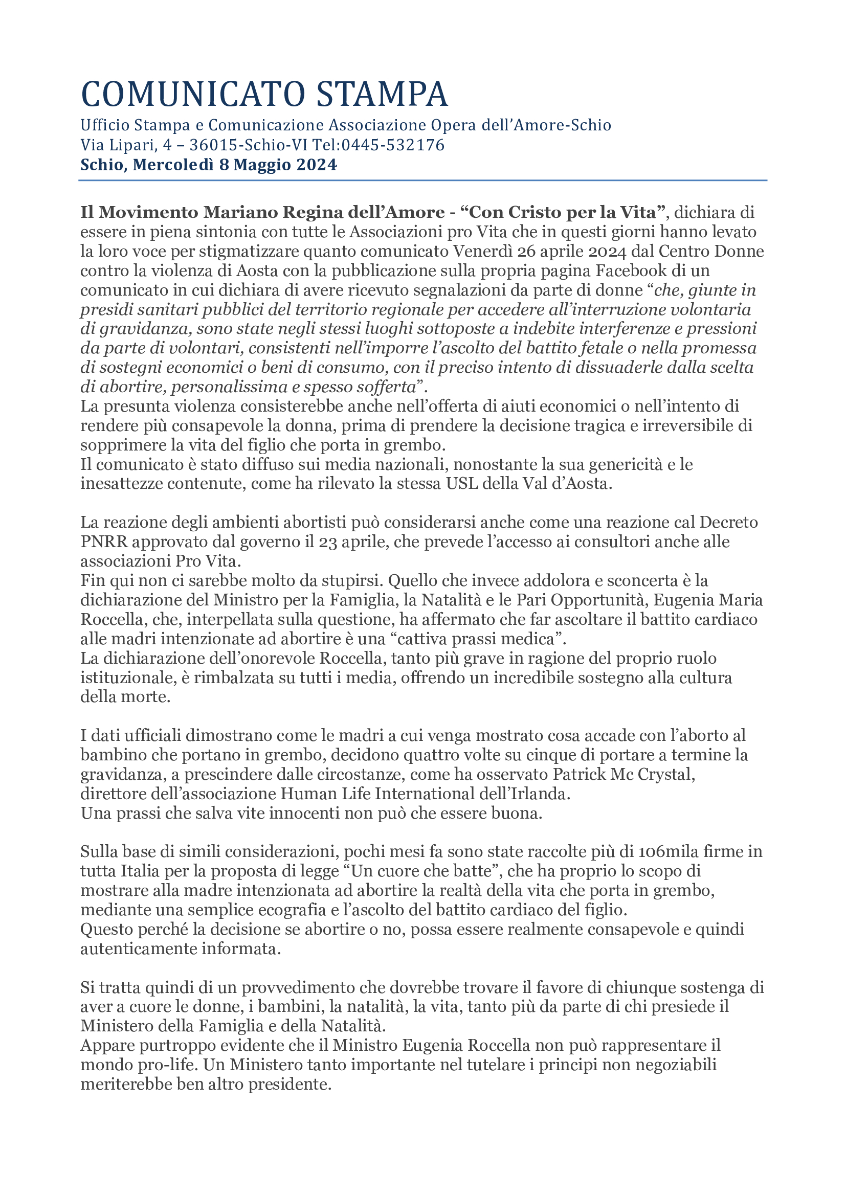 COMUNICATO STAMPA - MOVIMENTO MARIANO CON "CRISTO PER LA VITA ...